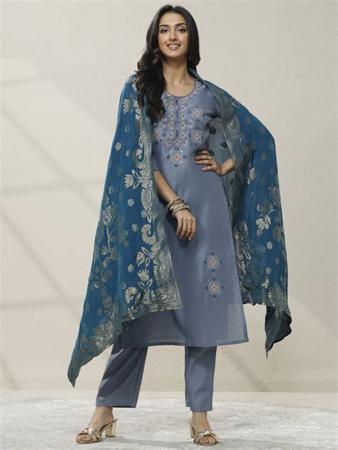 Buy Blue Embellished Silk Blend Straight Suit Set With Dupatta Online