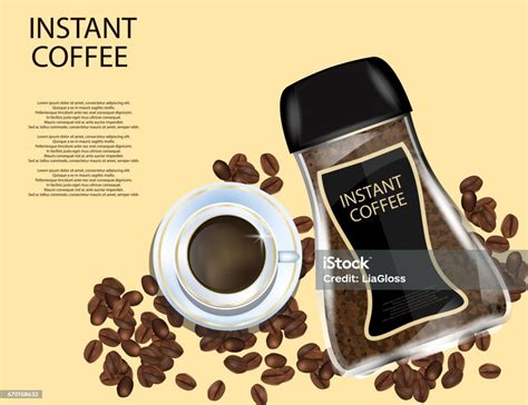 백색 모자 인스턴트 커피 알갱이와 노란색 배경에 고립 된 커피 콩 커피 유리 항아리 0명에 대한 스톡 벡터 아트 및 기타 이미지