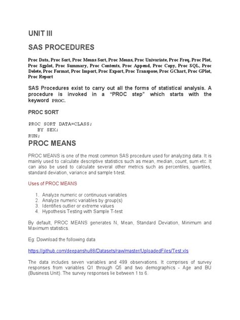 Unit Iii Sas Procedures Pdf Students T Test Analysis Of Variance