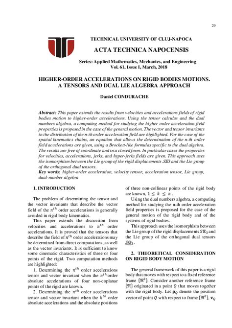 Pdf Higher Order Accelerations On Rigid Bodies Motions A Tensors And Dual Lie Algebra Approach