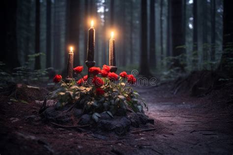 Three Candles Are Lit In The Middle Of A Dark Forest Stock Illustration