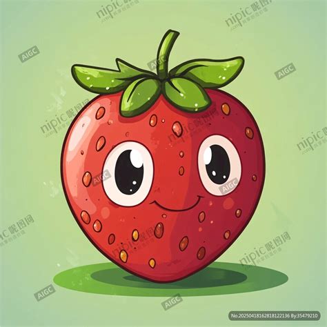 Ai创作图草莓 卡通 形象 插画 表情 拟人 绿色 背景 眼睛 笑脸 叶子 果实 童趣 设计 图案 昵图网