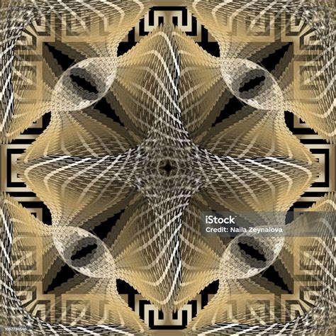 프랙탈 현대 3d 그리스 벡터 완벽 한 패턴입니다 추상적인 기하학적 배경입니다 트렌디한 배경을 반복 합니다 화려한 하프톤 기하학적 도형 도형 방사형 선에 줄무늬 그리스 키