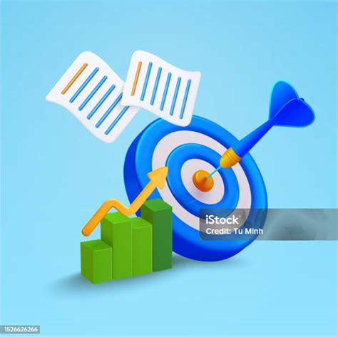 3d 성장 막대 문자 화살표가 있는 꺾은선형 차트 다트가 있는 과녁 대상 문서 흰색 배경에 격리되어 있습니다 목표 수익 수익성 있는 사업 투자에 대한 배너 개념 3d 벡터