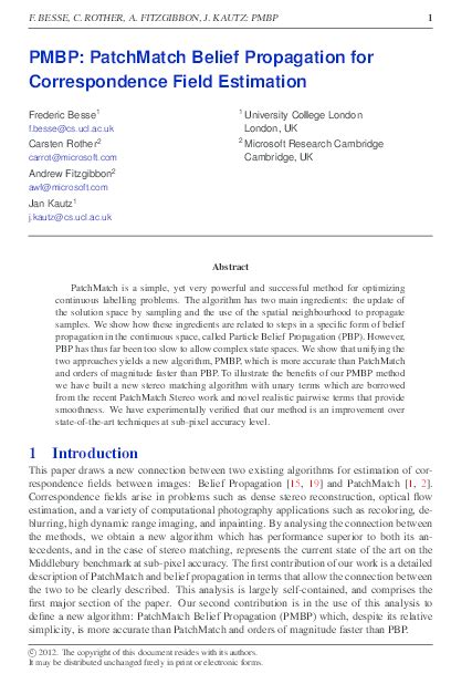 Pdf Pmbp Patchmatch Belief Propagation For Correspondence Field