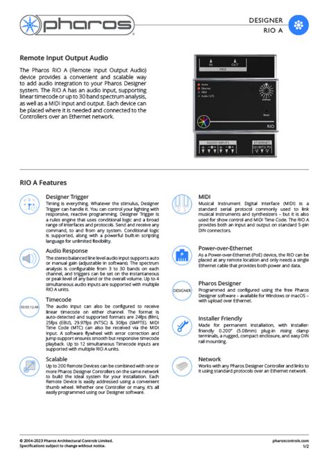 datasheets and specs — pharos controls