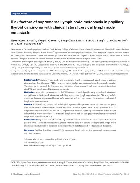 Pdf Risk Factors Of Suprasternal Lymph Node Metastasis In Papillary