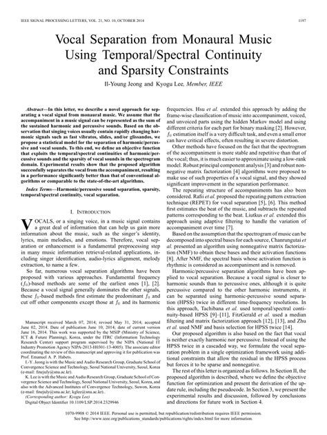 Pdf Vocal Separation From Monaural Music Using Temporal Spectral Continuity And Sparsity