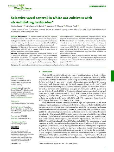 Pdf Selective Weed Control In White Oat Cultivars With Als Inhibiting Herbicides