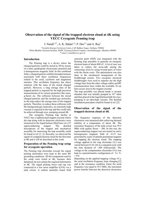 Pdf Observation Of The Signal Of The Trapped Electron Cloud At 4k Using Vecc Cryogenic Penning