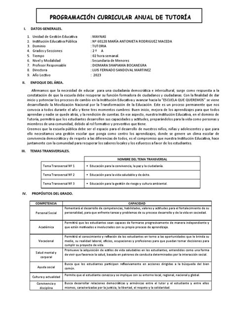 Programación Curricular Anual De Tutoría 1 Pdf Evaluación Aprendizaje