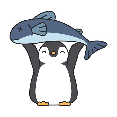 Premium Vector Cute Penguin With A Big Fish On Its Head Vector