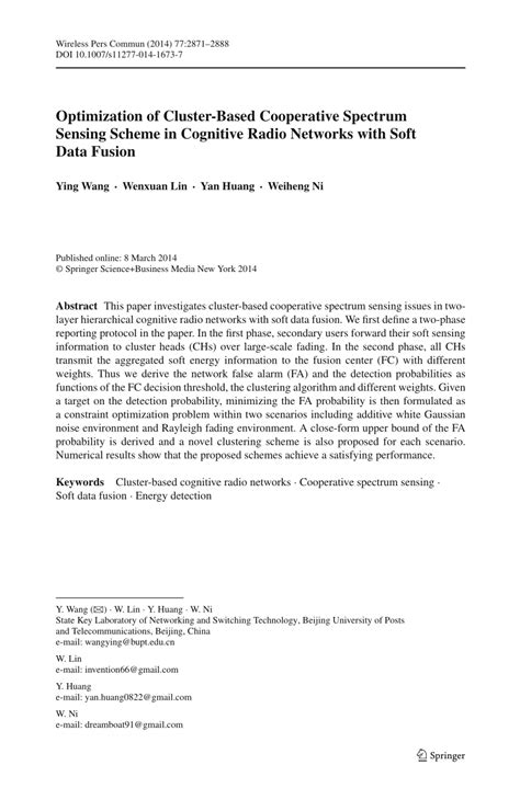 Pdf Optimization Of Cluster Based Cooperative Spectrum Sensing Scheme In Cognitive Radio
