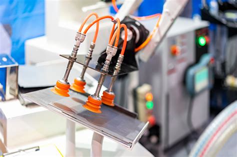 첨단 기술 및 정밀 로봇 팔 및 자동 진공 또는 흡입 컵 픽업 및 장소 운송 금속 판판 또는 재료 상품 또는 산업 제조 공정의 제품 공학에 대한 스톡 사진 및 기타 이미지