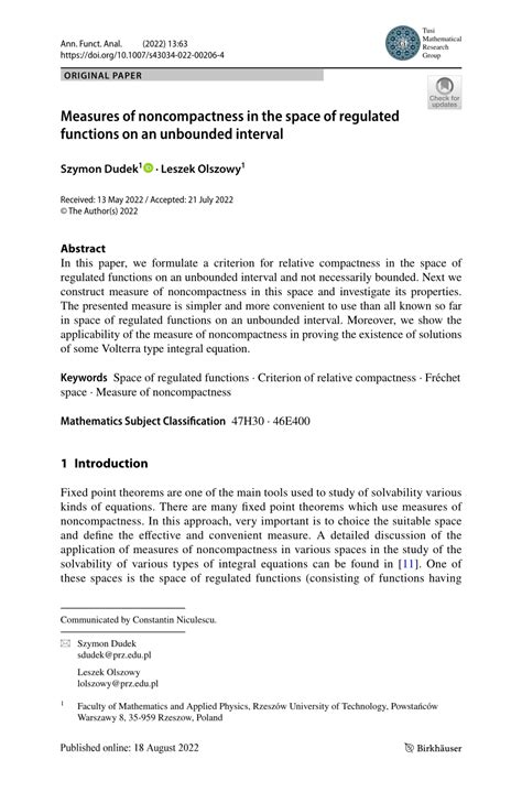 Pdf Measures Of Noncompactness In The Space Of Regulated Functions On An Unbounded Interval