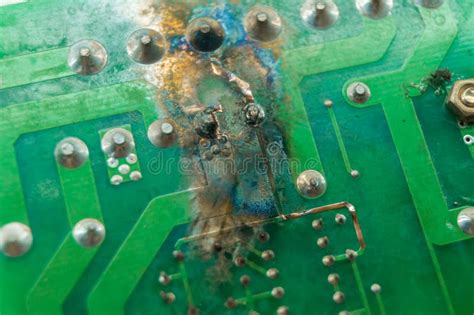 Short Circuit On The Printed Circuit Board Failed Electronics Stock Photo Image Of Distressed