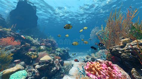 A Vibrant Coral Reef With A Babe Of Tropical Fish Swimming