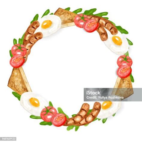 프레임 장식 디자인을 위해 계란 소시지 토마토 및 허브와 토스트에서 테두리 흰색 배경에 손으로 그린 수채화 그림 맛있는 아침 식사 디자인 메뉴에 대한 템플릿입니다 0명에