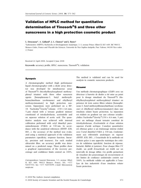 intern j of cosmetic sci 2008 dencausse validation of hplc method