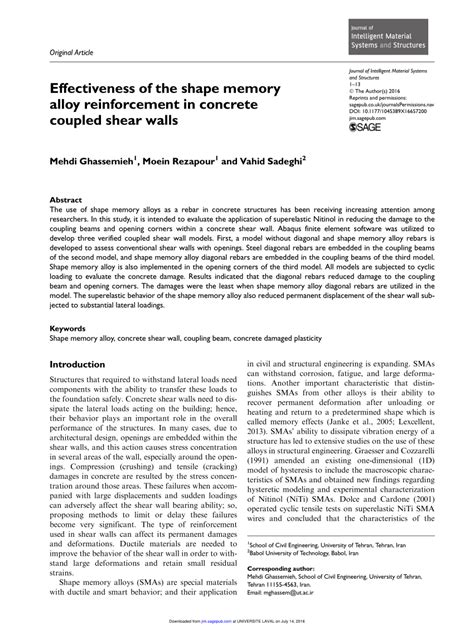 Pdf Effectiveness Of The Shape Memory Alloy Reinforcement In Concrete Coupled Shear Walls