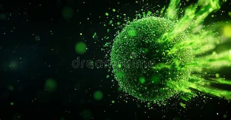 glowing green sphere with particles radiating outward creating dynamic