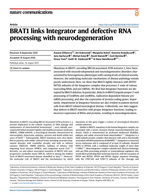 Pdf Brat1 Links Integrator And Defective Rna Processing With Neurodegeneration