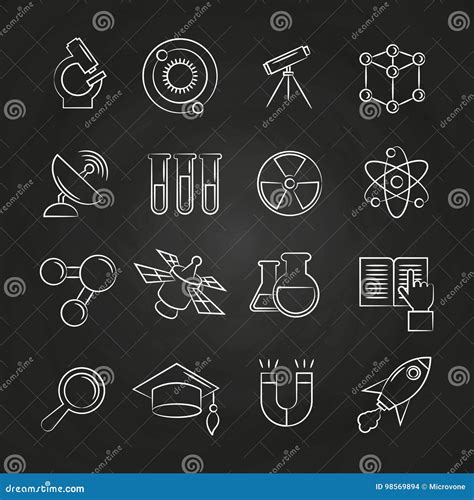 Science Line Icons Set On Chalkboard Stock Vector Illustration Of Object Computer