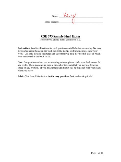 Cse 373 Sample Final Exam Instructions Read The Directions For Each Question Carefully Before