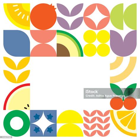 기하학적 여름 신선한 과일 컷 작품 포스터 화려한 간단한 모양 스칸디나비아 스타일의 플랫 추상 벡터 패턴 디자인 흰색 배경에 과일과 나뭇잎의 미니멀한 그림 0명에 대한 스톡