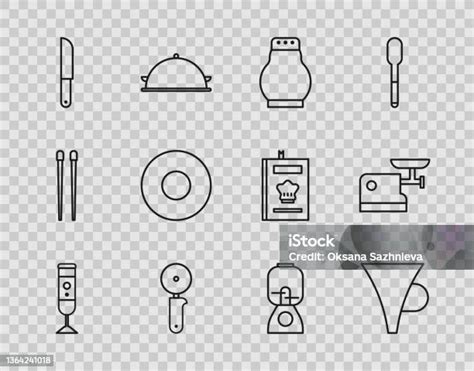 세트 라인 블렌더 깔때기 또는 필터 소금과 후추 피자 나이프 칼 접시 주방 고기 분쇄기 아이콘 벡터 강철에 대한 스톡 벡터 아트 및 기타 이미지 Istock