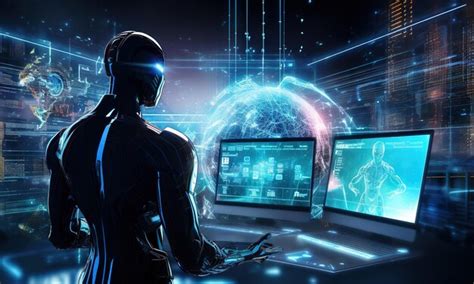 premium photo cyborg robot ai hacking on computer