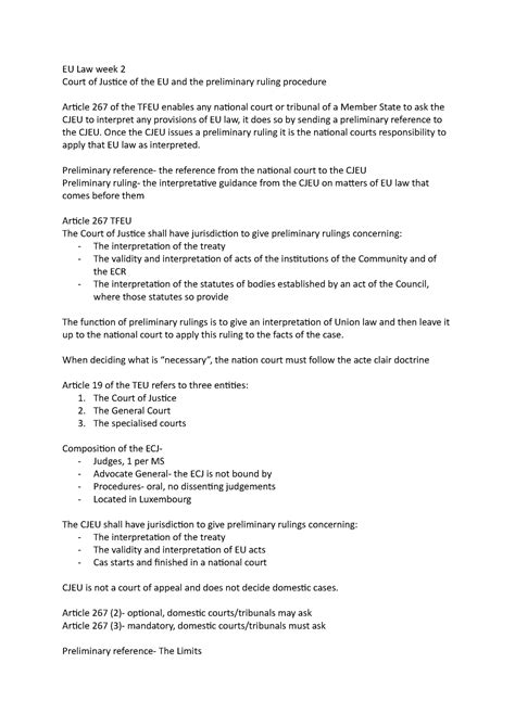 Eu Law Week 2 Eu Law Lecture Notes Week 2 Eu Law Week 2 Court Of