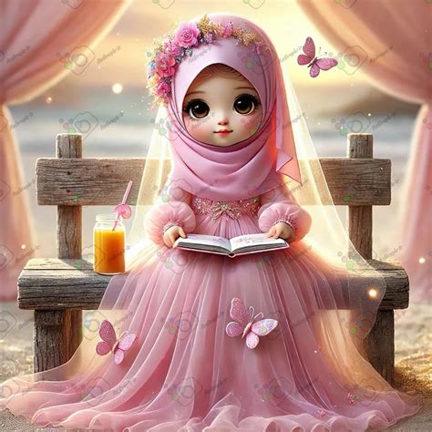 بک گراند کودکانه دختر کوچولوی ناز با حجاب نشسته روی نیمکت چوبی کتاب در