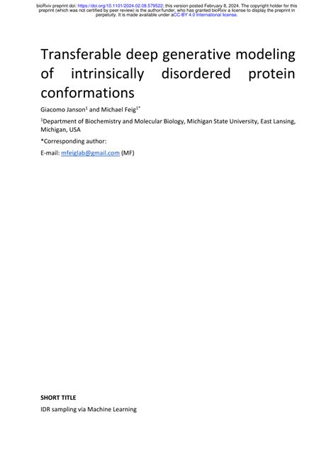 Pdf Transferable Deep Generative Modeling Of Intrinsically Disordered Protein Conformations