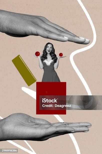 복합 3d 콜라주 트렌드 아트 워크 템플릿 디자인 거대한 손 홀드 선물 상자 젊은 여자가 겨울 크리스마스 정신 새해 정장