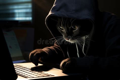 A Cat Wears A Hoodie And Uses A Laptop Computer In This Scene Stock