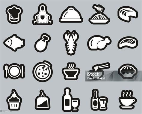 점심 또는 레스토랑 점심 아이콘 흰색 및 흰색 스티커 세트 큰 개념에 대한 스톡 벡터 아트 및 기타 이미지 개념 검은색 국수 Istock