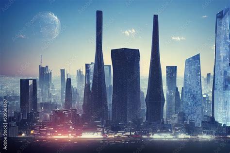 Future City Skyline Panorama 3d Scene Futuristic Cityscape Creative