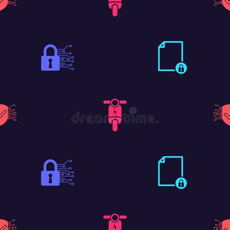 Set Document And Lock Cyber Security Electric Scooter And On Seamless Pattern Vector Stock