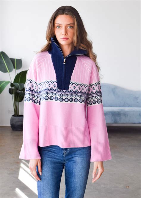 Fair Isle Zip Neck Sweater Pink Neverawallflower