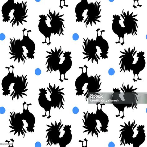 수탉 실루엣 포장지 직물 레스토랑 디자인에 대 한 블루 도트 디자인과 원활한 흑백 패턴 0명에 대한 스톡 벡터 아트 및 기타 이미지 0명 가금류 가축 Istock