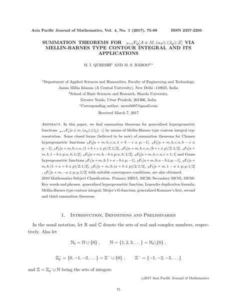 Pdf Summation Theorems For Pfq 1[ P G M Q Z] Via Mellin Barnes Type Contour Integral