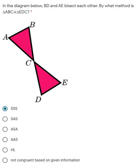 solved in the diagram below bd and ae bisect each other by