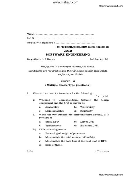 Btech Cse 6 Sem Software Engineering 2012 Pdf Software Testing