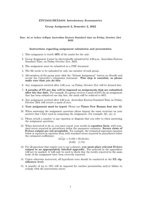 Assignment 2 S2 22 Etc2410 Bex2410 Introductory Econometrics Group Assignment 2 Semester 2