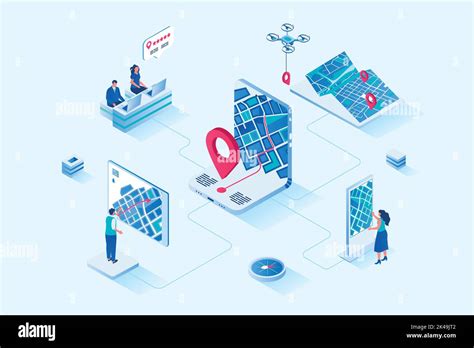 GPS Navigation 3d Isometric Web Design People Use Mobile Application