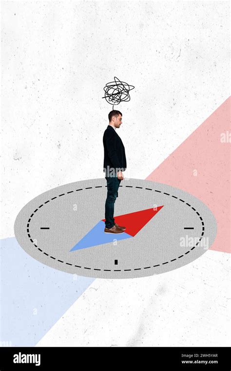 Artwork Graphics Collage Of Doubtful Unsure Worker Standing Big Compass Trying Find Right