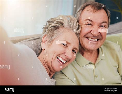 Happy Love And Selfie With Old Couple On Sofa For Relax Support Or Bonding With Quality Time