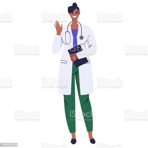 웃는 흑인 여의사가 환영의 몸짓을 한다 청진기와 흰색에 격리 된 흰색 코트를 입은 의사 전체 길이 문자가 클립보드를 들고 있습니다 간호사에 대한 스톡 벡터 아트 및 기타