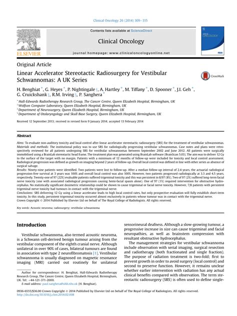 Pdf Linear Accelerator Stereotactic Radiosurgery For Vestibular Schwannomas A Uk Series